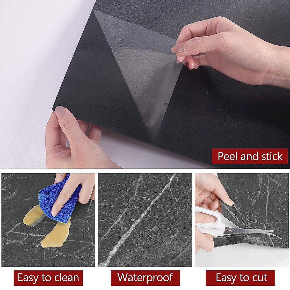 WESTICK Grey Black Marble Peel and Stick Floor Tile Vinyl Flooring Peel and Stick Bathroom Floor Tiles Waterproof Non-Slip Flooring Tile Sticker for Kitchen Bedroom RV 5 PCS 12" x 12"