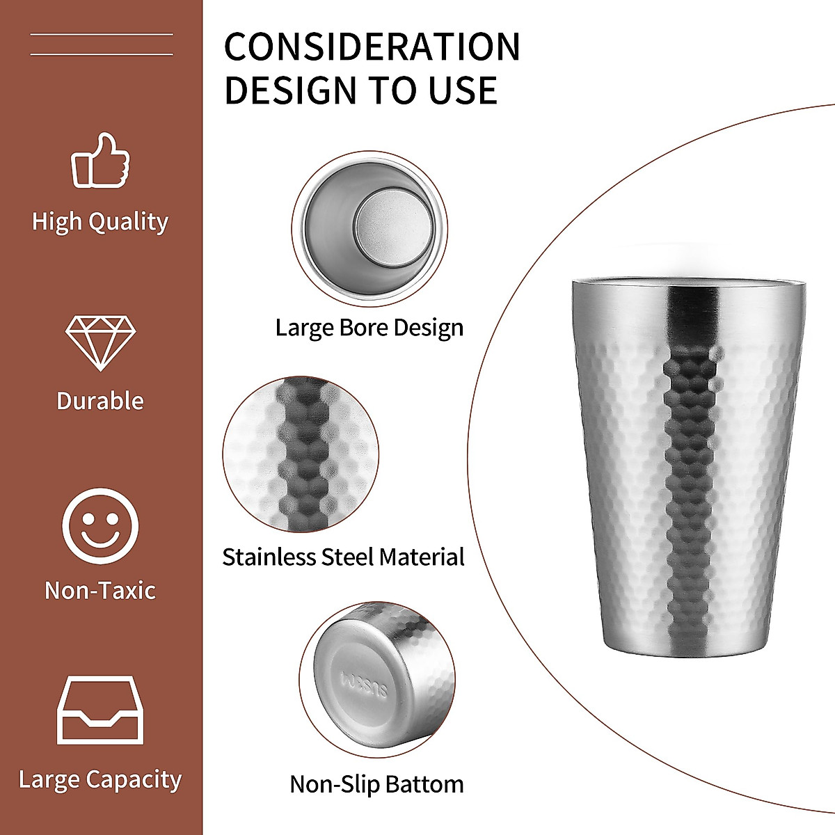 BEFOY Stainless Steel Cup - 16oz Pint Cups Drinking Glasses Water Beer Cup Unbreakable Hot & Cold Drinking Cups for Home Office Party & Outdoor Camping(Silver)