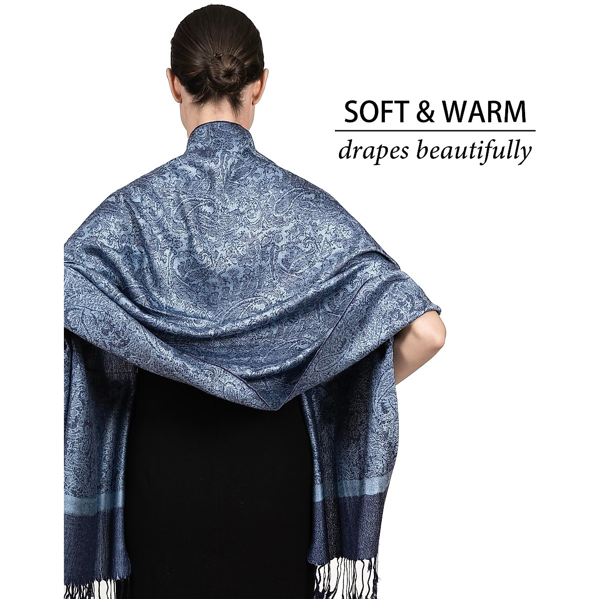 Achillea Two Tone Vintage Jacquard Paisley Pashmina Shawl Wrap Scarf (Steel Blue)