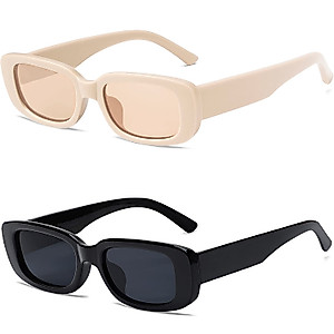 Tskestvy 2 Pack Square Rectangle Sunglasses for Women Men Y2K Retro Trendy Vintage Glasses 90S Cute Aesthetic (Beige and Black)