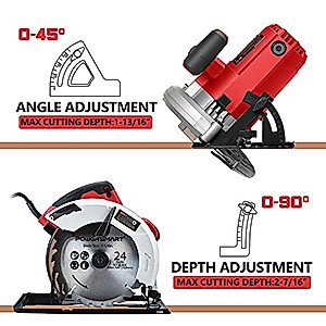 PowerSmart 14 Amp 7-1/4 Inch Electric Circular Saw Corded Wood Saw Red