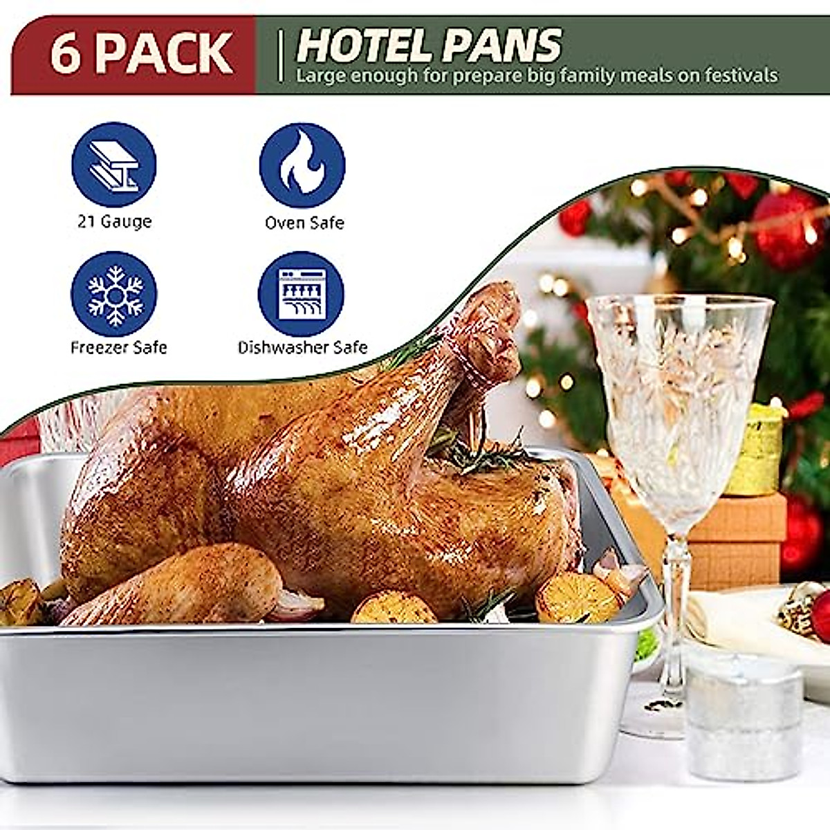 IMMERROT 6 Inch Deep Full Size Hotel Pans 21 Gauge Steam Table Pans Anti-Jamming Commercial 18/8 Stainless Steam Steamer Evaporator Pan for Catering Restaurant Food Storage 6 Pack