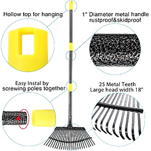 Collapsible Rake for Leaves, 30-61 inch Metal Leaf Rakes for Lawns Heavy Duty Extended Handle, 25 Tines 18" Wide Rake Garden Tools for Camping, Yard, Landscape, Pine Needle and Grass