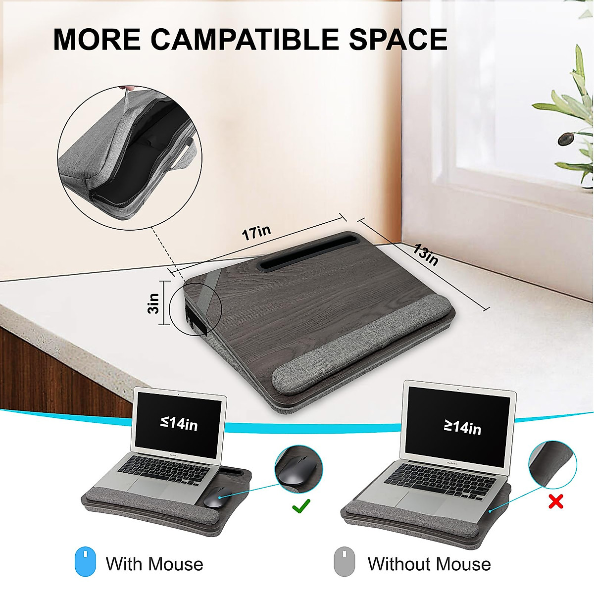 KerrKim Laptop Lap Desk Bed Table, Fits up to 15.6 inch Laptop Desk with Cushion, with Anti-Slip Strip & Large Storage Space for Home College Office Students Use as Computer Laptop Stand, Book Tablet