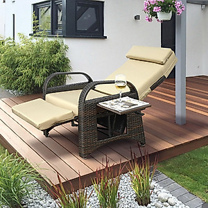 Outdoor Recliner Chair,PE Wicker Adjustable Reclining Lounge Chair and Removable Soft Cushion, with Modern Armchair and Ergonomic for Home, Sunbathing or Relaxation (Brown + Khaki)