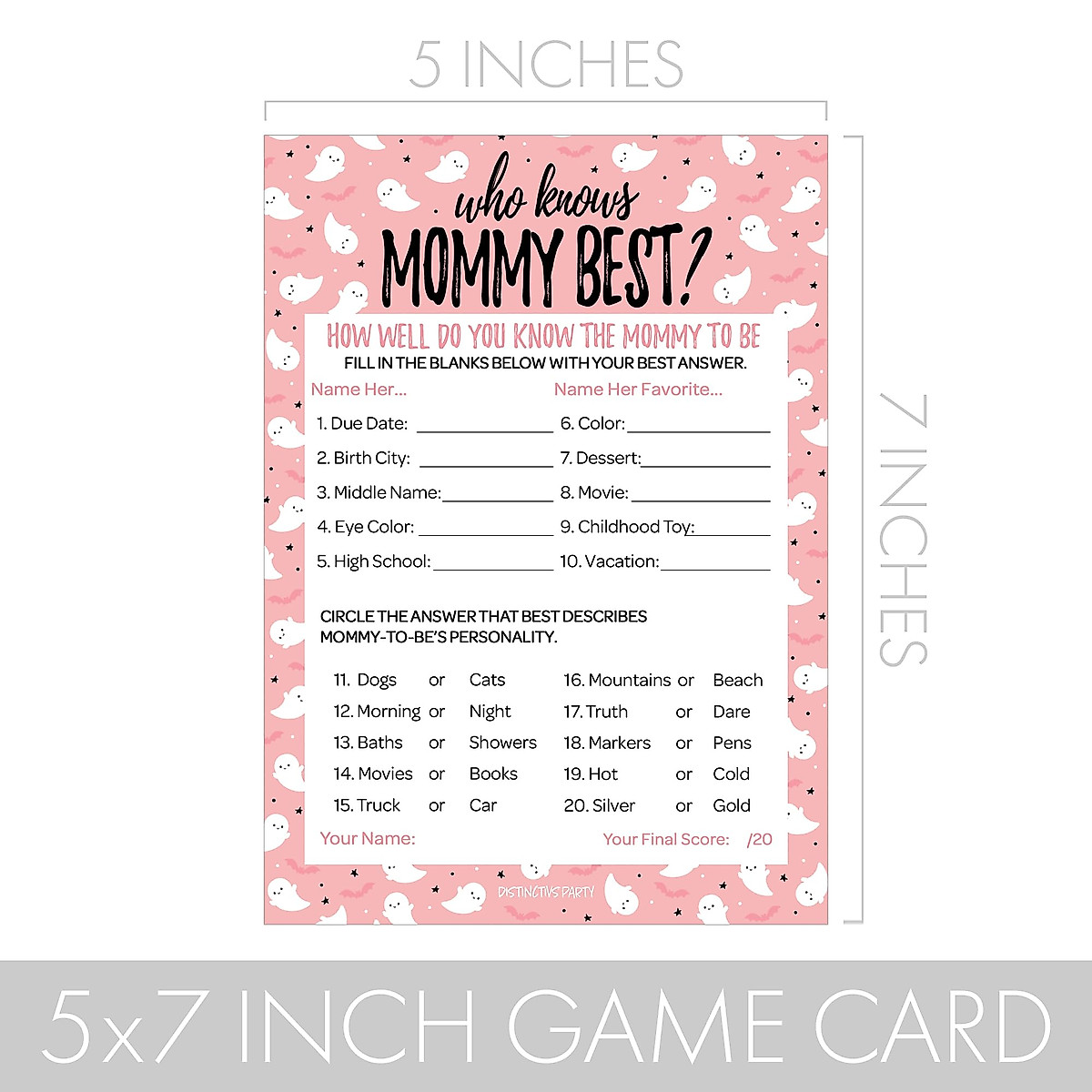 DISTINCTIVS Pink A Little Boo is Almost Due Girl Baby Shower Games - Who Knows Mommy Best and Word Search (2 Activity Game Bundle) - Set of 20 Player Cards, Halloween Baby Shower