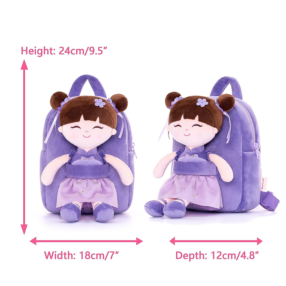 Gloveleya Kids Backpack Toddler Backpack Soft Plush Asian Girl Doll Backpacks Purple 9"