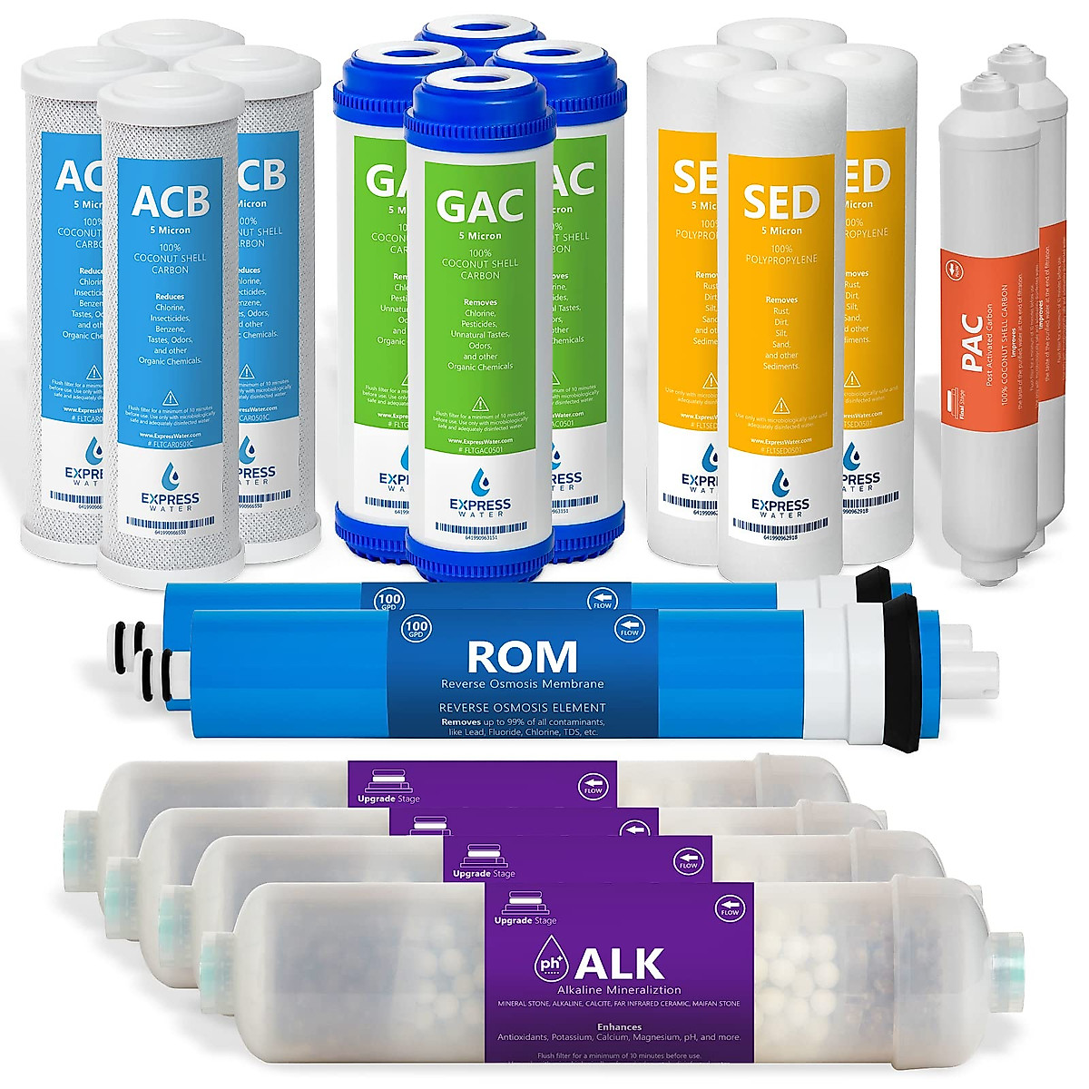 Express Water – 2 Years Alkaline Reverse Osmosis System Replacement Filter Set – 20 Filters with 100 GPD RO Membrane – 10 inch Size Water Filters