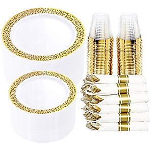 WELLIFE 350 Pieces Gold Plastic Dinnerware,Disposable Gold Lace Plates, Include:50 Dinner Plates,50 Dessert Plates, 50 Pre Rolled Napkins with Gold Silverware and 50 Cups