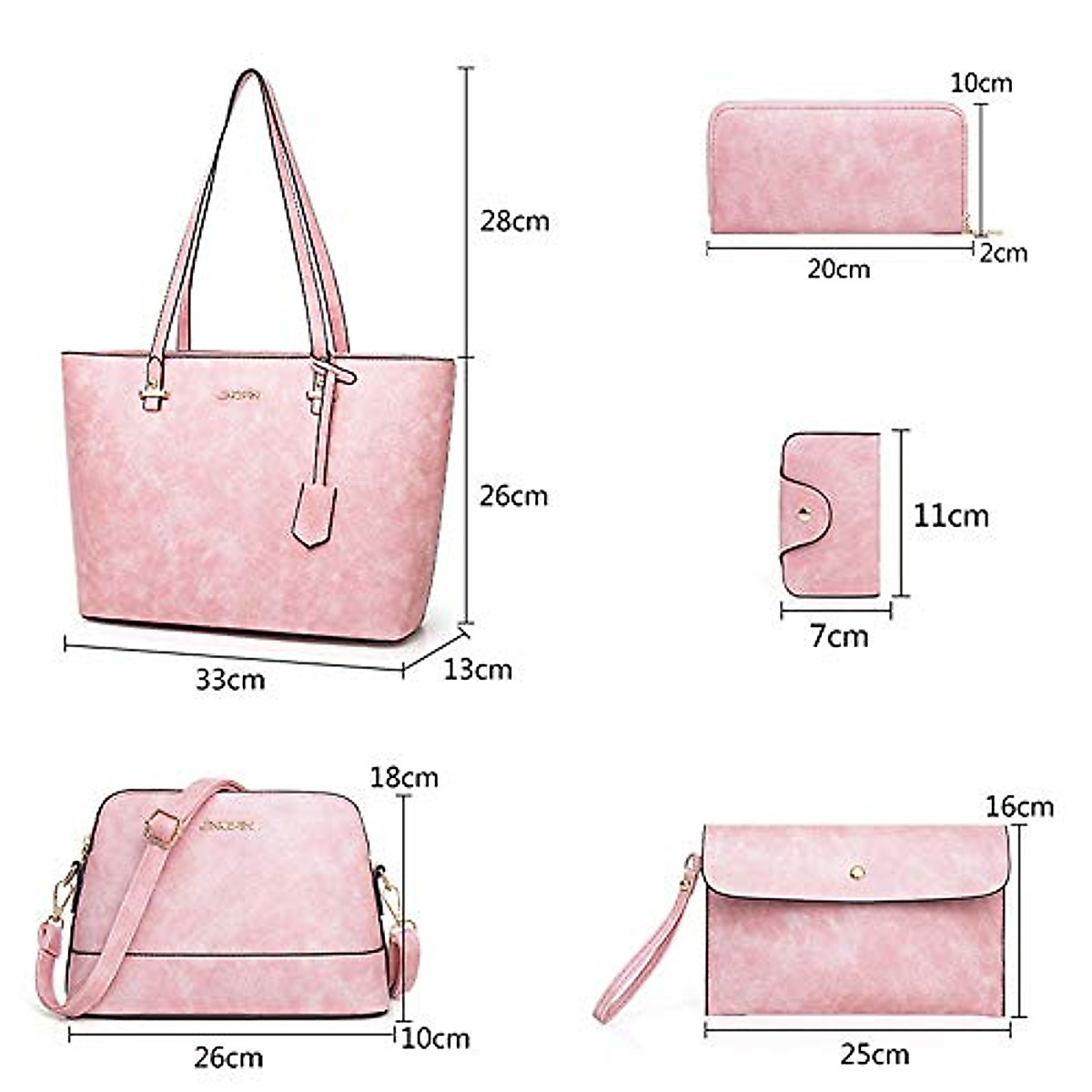 Handbag Set for Women 5 Pack Tote Purse Handbags Set PU Leather Satchel Shoulder Crossbody Wallet Card Holder Bag Set, Pink
