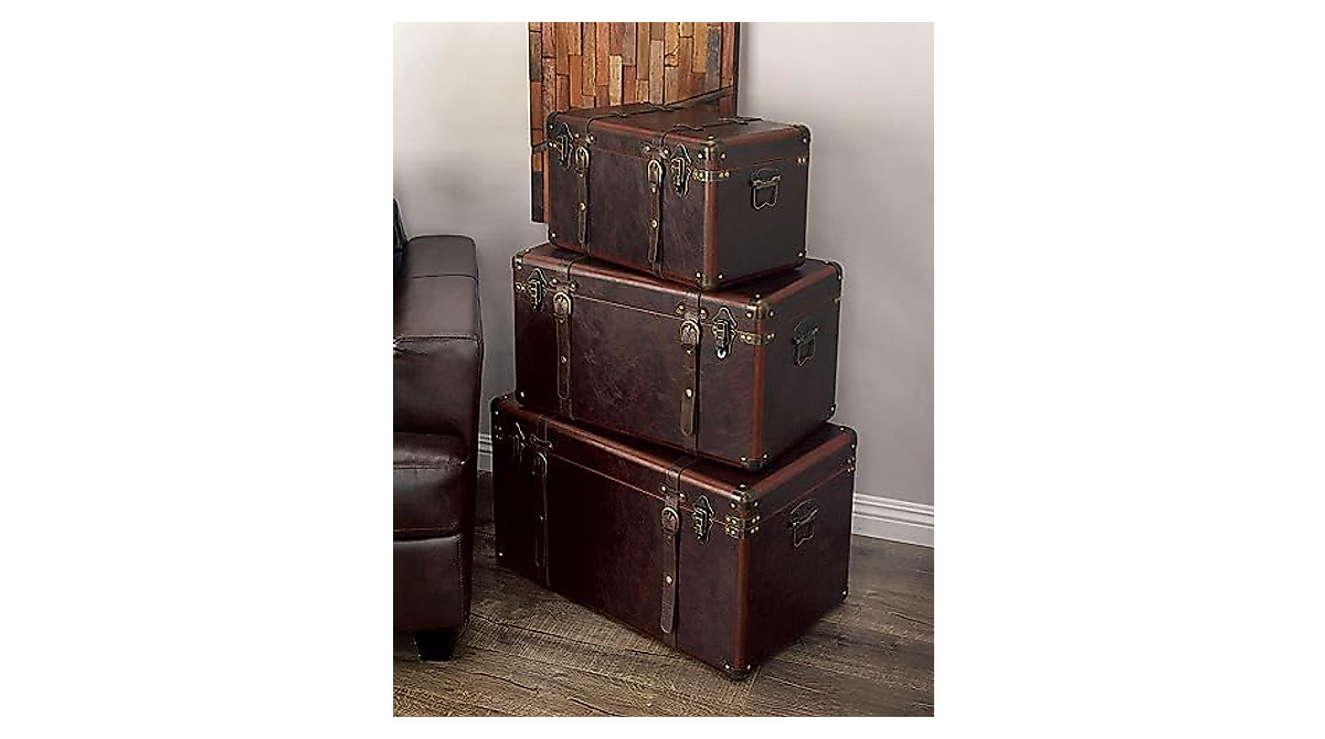 Deco 79 Faux Leather Storage Trunks - Set of 3