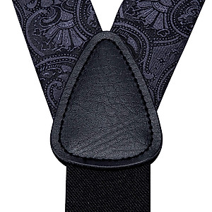 Barry.Wang Men Black Paisley Suspender and Bow Tie Set Y Shape Heavy Duty 6 Clips Braces