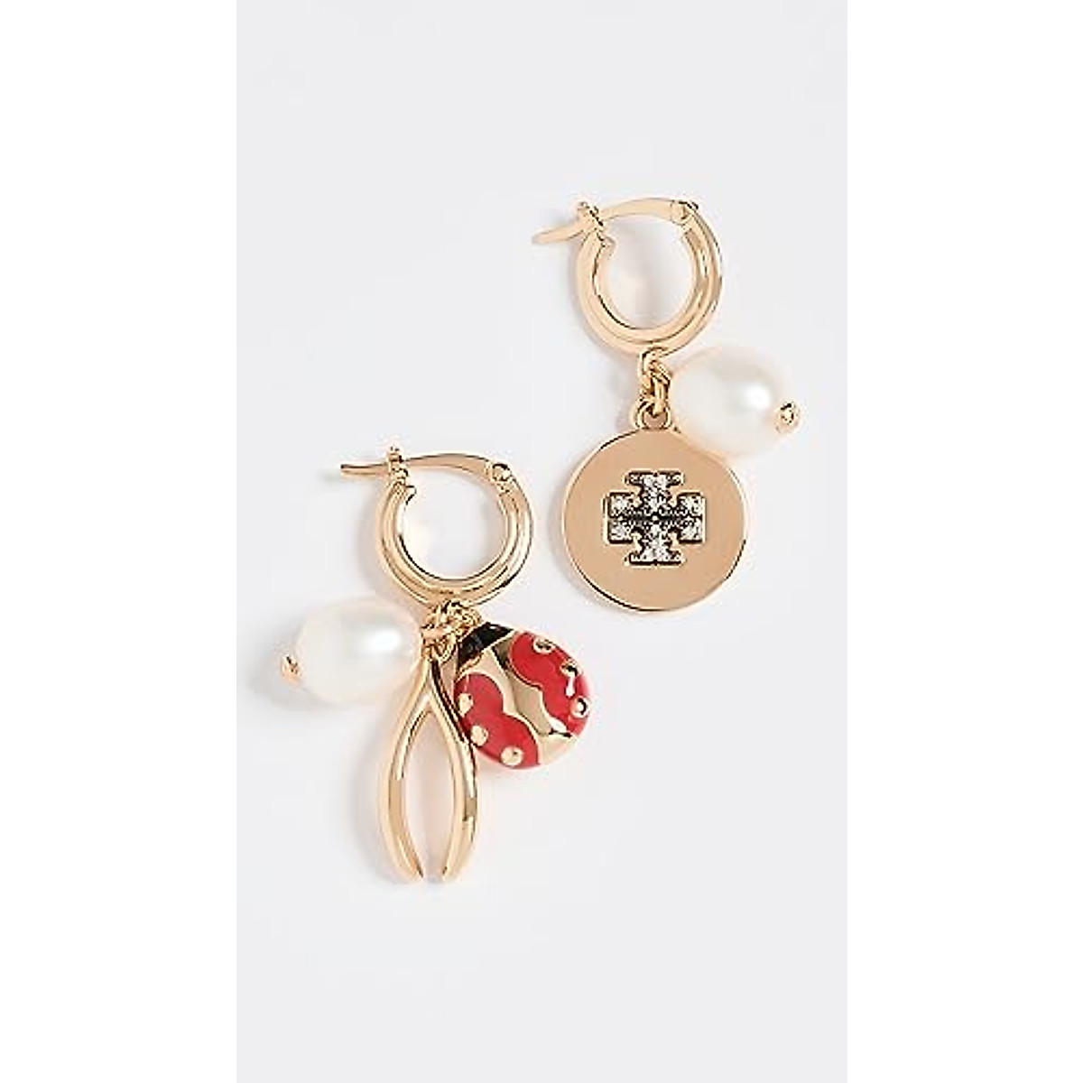 Tory Burch Women's Charm Hoop Earrings, Tory Gold/Cream/Crystal, One Size