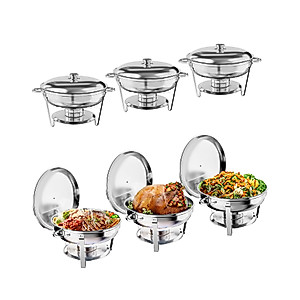 GAOMON 5QT Chafing Dish Buffet Set of 6 Pack, Round Stainless Steel Food Warmers Buffet Servers Sets, Chafer with Food & Water Pan, Lid, Frame, Fuel Holder for Catering and Parties