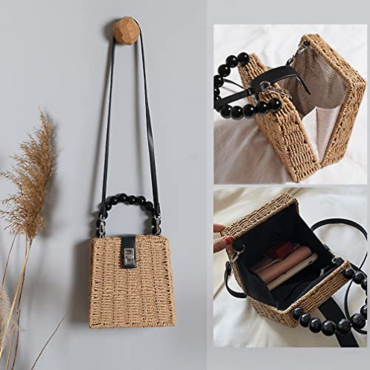NIBD Handwoven Square Straw Rattan Bag Shoulder Wicker Purse Small Box Woven Bali Womens Crossbody Bag