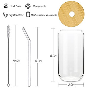 Drinking Glasses with Glass Straw and Bamboo Lids-4Pcs 16oz Can Shaped Glass Cups,2 Cleaning Brushes,Beer Glasses,Ideal for Whiskey,Cute Tumbler Cup,Iced Coffee Glasses,Cocktail,Soda, Tea,Gift