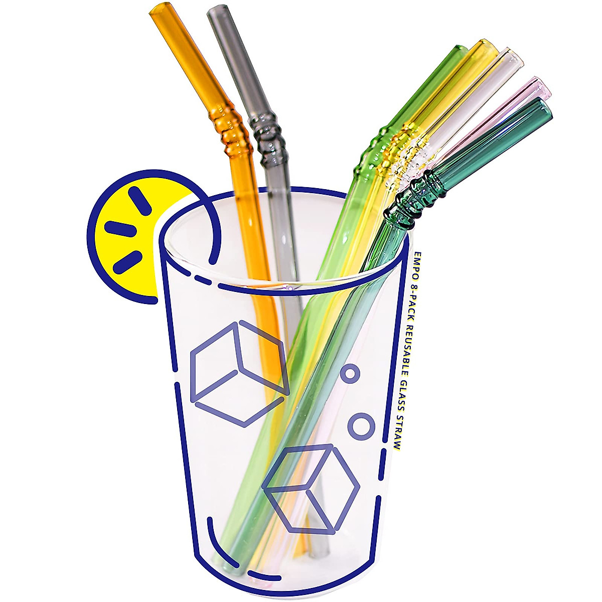 8 Pack EMPO Glass Straws Colored - 8" x 8mm Perfect Reusable Straw - Smoothies, Tea, Juice, Water, Essential Oils Gift with 2 Cleaning Brush MultiColor