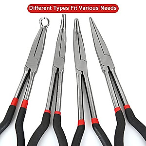 DIRBUY Long Needle Nose Pliers Set, 4 in 1 Bent Needle Nose Pliers 90 Degree, 11 inch Spark Plug Wire Removal Tool, Pointy Nose Pliers, Pinch Nose Pliers, Snipe Nose Pliers, Curved Nose Pliers