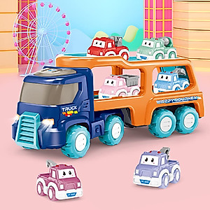 QXTTS Toddler Trucks Toys for 1 2 3 Year Old Boy Girl, with Sound and Light 7 in 1 Transport Vehicles Toy Set with 6 Different Small Toy Car, Gifts for Toddlers Age 1-3
