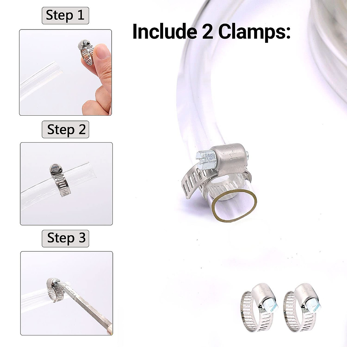 Geowaky Clear Vinyl Tubing 1/2" ID × 5/8" OD -10 Ft 60PSI,Flexible Plastic Tubing,BPA Free Non-Toxic, Multipurpose Hybrid Clear Reinforced Tubing with 2 Screw Clamps