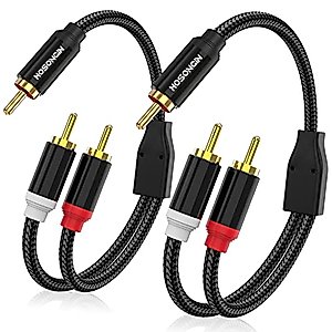 HOSONGIN RCA Y Splitter 1 Male to 2 Male Audio Cable 2 Pack, Black Cotton Braided Jacket Gold-Plated Plug Premium Shielded Audio Cable, Length 12 inch