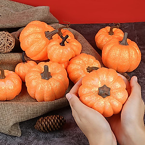 12 Pack Glitter Artificial Pumpkin for Fall Home Decor, Sparkly Fake Pumpkins Decorations, Thanksgiving Halloween Mantel Garden Fall Harvest Party Supplies