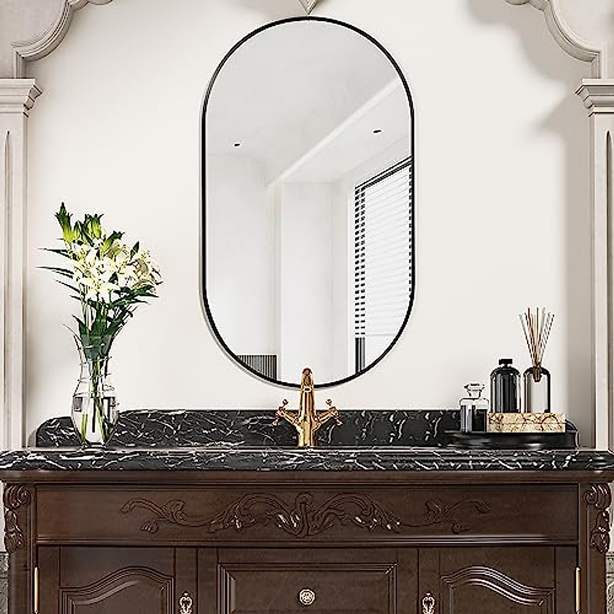 Antok Oval Mirror, 17"x30" Black Oval Bathroom Mirror for Wall, Vanity Mirror, Pill Shaped Mirror, Oval Wall Mirror for Bathroom,Living Room,Bedroom, Black