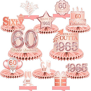 Happy 60th Birthday Rose Gold Table Honeycomb Centerpieces Balloons Theme Decor Table Decorations Table Toppers for Girls Women Sweet Princess 60 Years Old Pink Birthday Party Bday Supplies Ornament