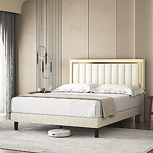 Origeture Queen Platform Bed Frame with Adjustable Headboard, Velvet Upholstered Queen Bed Frame Modern with Wooden Slats & Gold Tufted, Heavy Duty, Easy Assembly, No Box Spring Needed, Beige