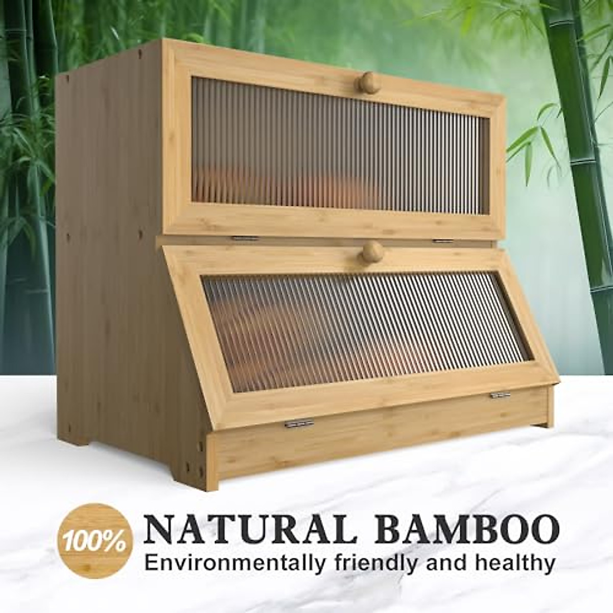 LOHASOK Double Layer Bamboo Bread Box for Kitchen Counter-Large Capacity Bread Storage Container Farmhouse Bread Box with Window Bread Holder… (Natural Bamboo)