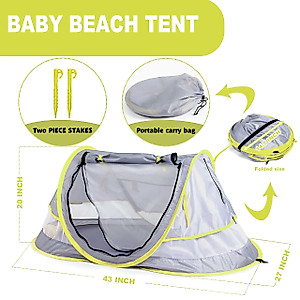Green Pipe Baby Pop Up Tent - UPF 50+ Sun Shade with Mosquito Net, Beach Umbrella for Girls & Boys