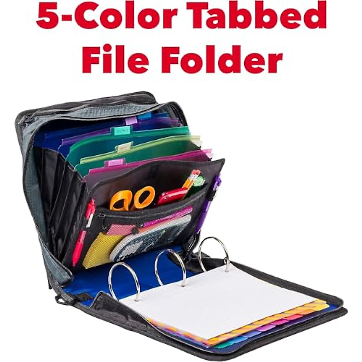 Case-it Mighty Zip Tab Zipper Binder, 3" O-Ring with 5-Color tabs, Expanding File Folder and Shoulder Strap and Handle, D-146- Midnight Blue