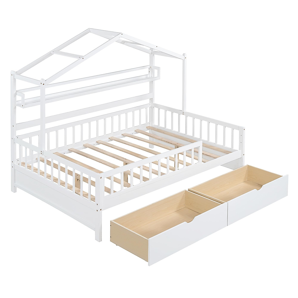 Merax Full Size House Bed with Drawers, Wooden Full Size Platform Bed Frame with Storage Shelf, No Box Spring Needed, White