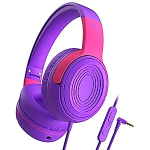 ELECDER Kids Headphones, S8 Wired Headphones for Kids with Microphone for Boys Girls, Adjustable 85dB/94dB Volume Limited, 3.5 mm Jack for School/Kindle/Smartphones/Tablet/Airplane Travel(Purple/Red)