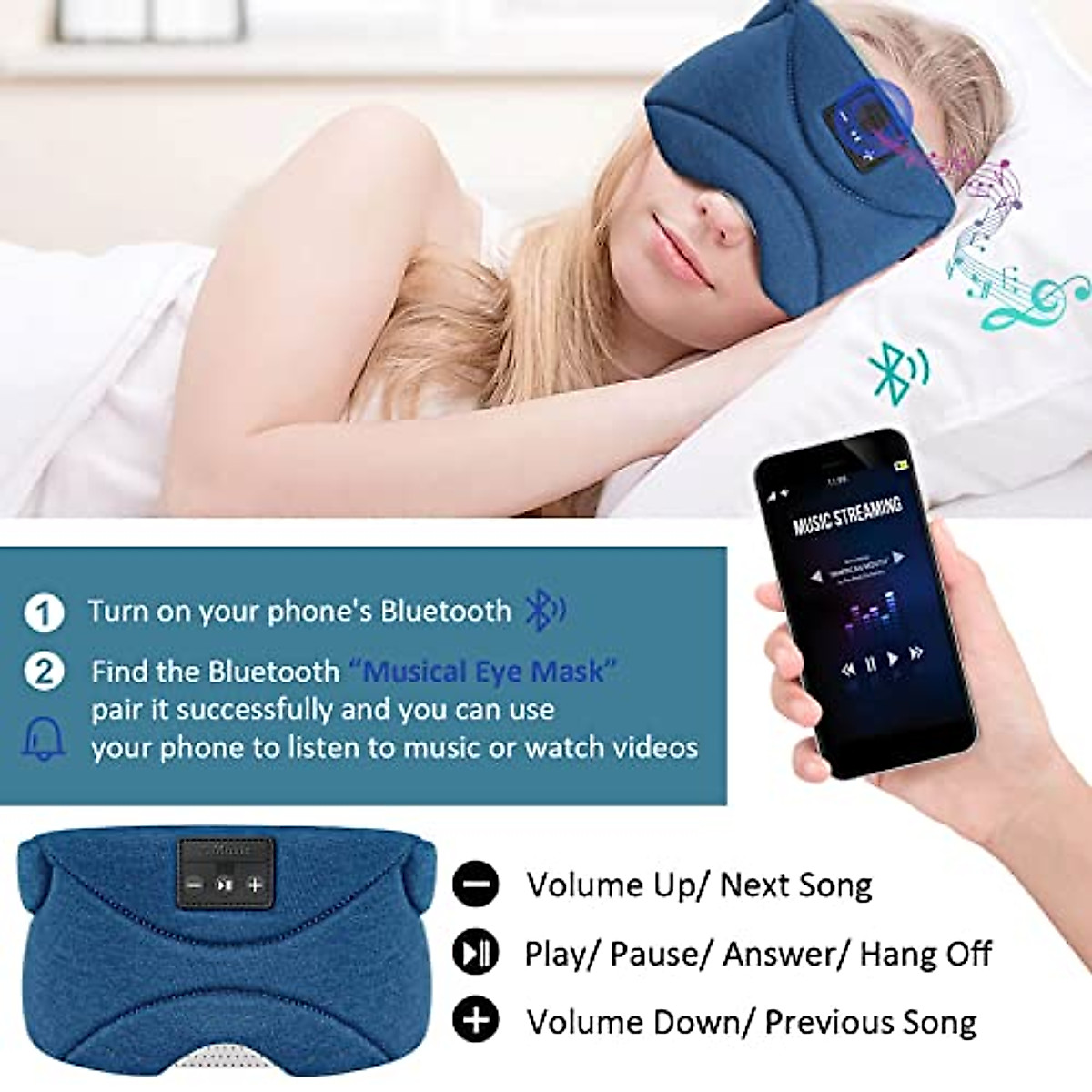 Bluetooth Sleep Mask with 24 White Noise, Ultra-Thin Speaker Cold Pack Blockout Bluetooth Eye Mask Sleep Headphones for Side Sleepers, Airplane, Travel, Cool Gadgets for Women Man (Blue)