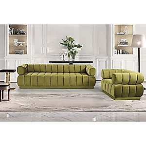 Iconic Home Quebec Sofa Velvet Upholstered Vertical Channel-Quilted Shelter Arm Tufted Design Modern Contemporary, Green