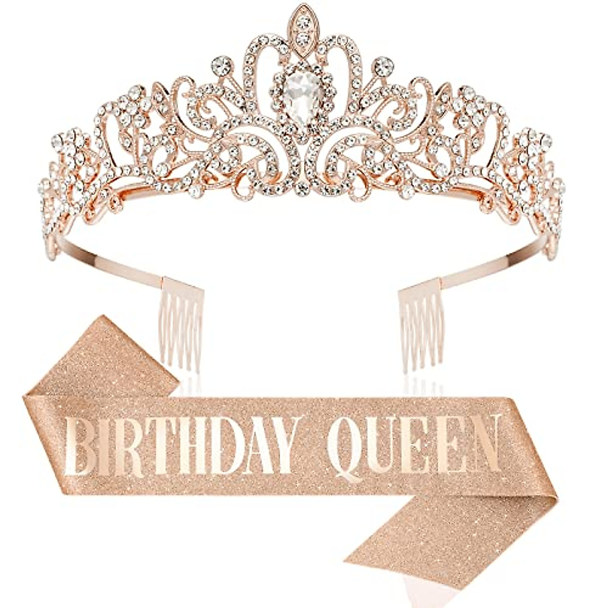 Makone Birthday Tiara for Women, Birthday Queen Crowns with Birthday Girl Sash, Crown for Girls Rose Gold, Rhinestone Tiaras with Combs, Crystal Headband Hair Accessories Glitter Sash for Party