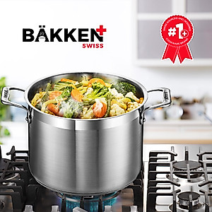 Stockpot – 16 Quart – Brushed Stainless Steel – Heavy Duty Induction Pot with Lid and Riveted Handles – For Soup, Seafood, Stock, Canning and for Catering for Large Groups and Events by BAKKEN
