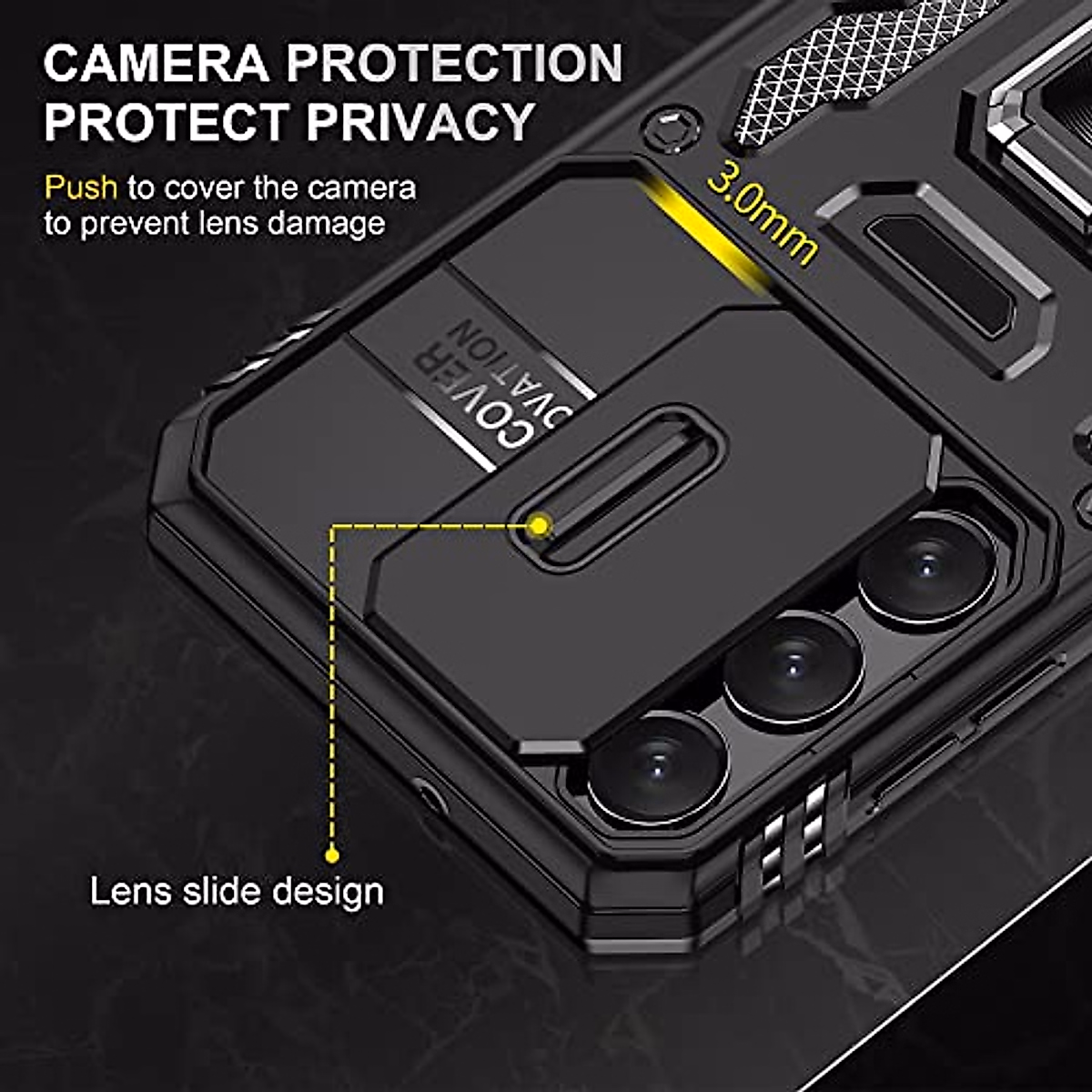 Samsung Galaxy S23 Plus Case with HD Screen Protector, Androgate Military-Grade Metal Ring Holder Kickstand 15ft Drop Tested Shockproof Cover Case for Samsung Galaxy S23 Plus Black