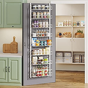 1Easylife Over The Door Pantry Organizer Rack, 8-Tier Adjustable Pantry Organization and Storage, Heavy-duty Metal Door Spice Rack for Kitchen Pantry, Slim Hanging Can Organizer for Narrow Door(White)