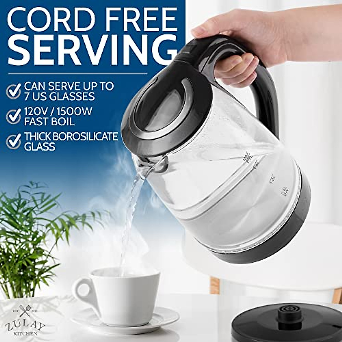 Zulay 1.7L Glass Electric Kettle with Blue LED Light - Borosilicate Glass Hot Water Kettle Electric - Electric Glass Kettle Water Boiler with Auto Shut-Off and Boil-Dry Protection