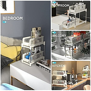 Under Sink Organizers and Storage,2 Tier Pull Out Bathroom Sink Organizer, Sliding Cabinet Basket Organizer with 4 Hooks,2 Hanging Cups, Under Sink Storage for Bathroom, Kitchen, Cleaning Supplies.