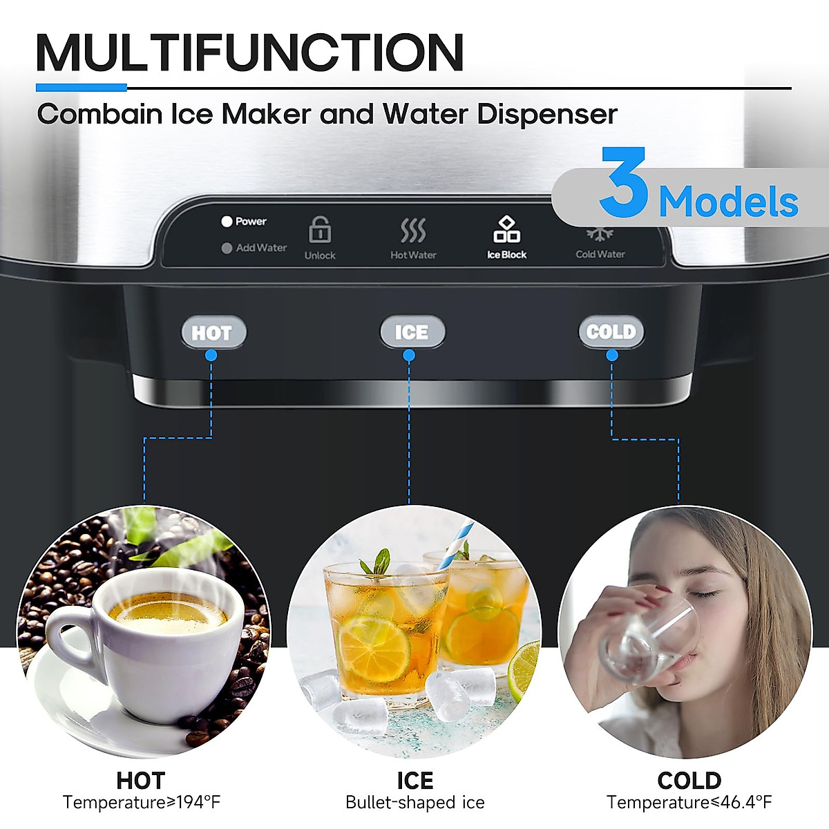 ICEPURE Countertop Water Cooler Dispenser with Ice Maker, 3 in 1 Top-Loading Hot&Cold Water Dispenser 5 Gallon, 3 Temperatures Setting- Hot&Cold Water, Portable Ice Makers for Home Kitchen Office Bar