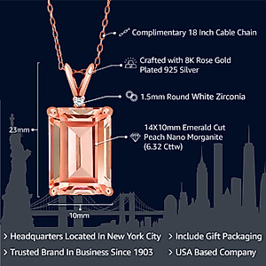 Gem Stone King 18K Rose Gold Plated Silver Peach Nano Morganite Pendant Necklace For Women (6.32 Cttw, Gemstone October Birthstone, Emerald Cut 14X10MM, with 18 Inch Silver Chain)