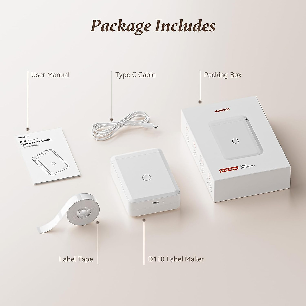 Label Maker D110 Bluetooth Thermal Label Maker Machine with Tape, Portable Inkless Label Printer Handheld & Rechargeable with Multiple Templates for Home Office, Compatible with iOS Android, White