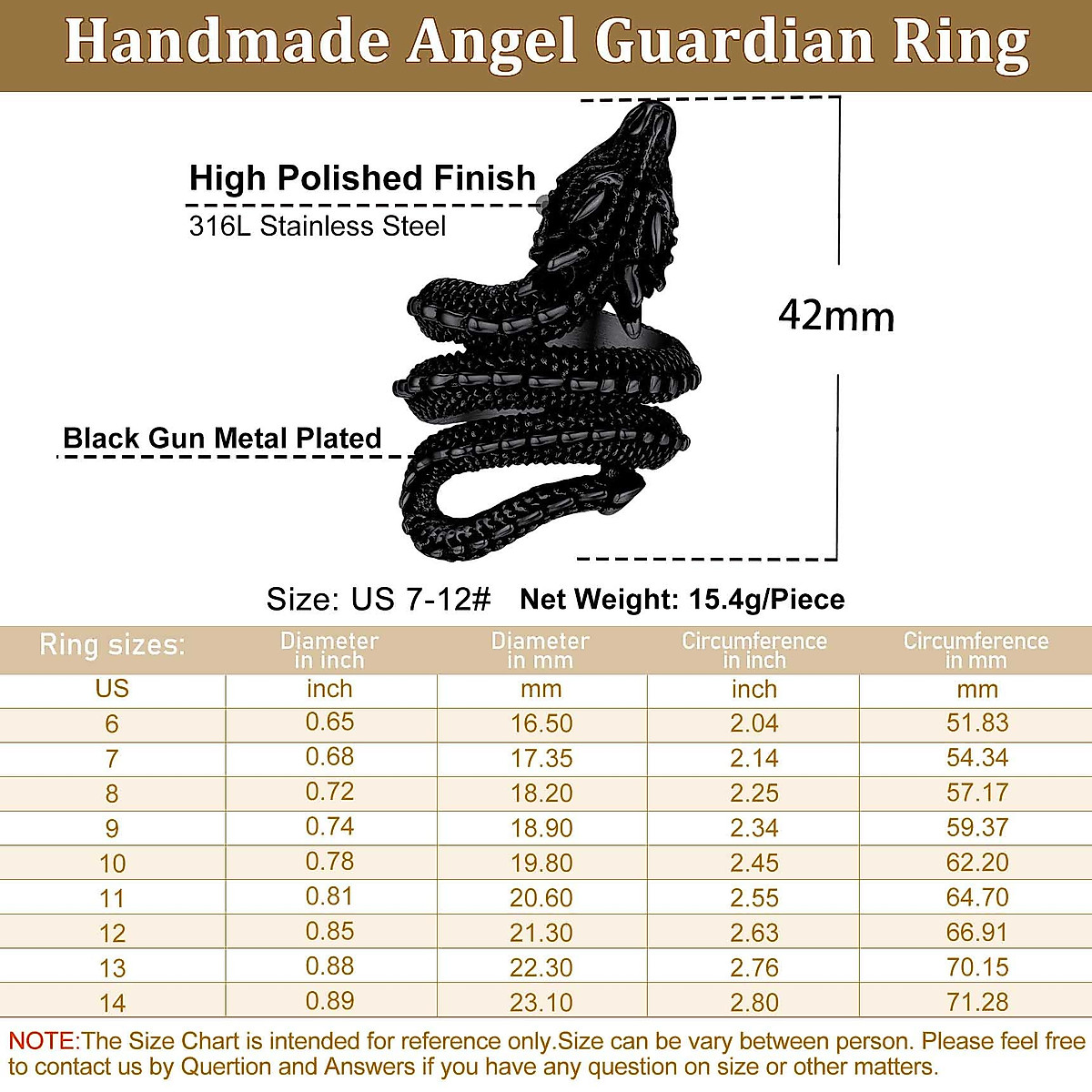 Bestyle Black Dragon Ring for Women Men Cool Rings Dragon Jewelry Gothic Punk Finger Rings Fashion Halloween Costumes for Women, Size 12