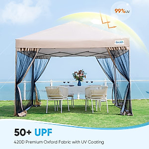 Quictent 8'x8’ Pop up Screened Canopy Tent with Mosquito Netting, Portable Easy up Outdoor Screen House Shelter for Patio, Camping and Picnic, Includes Wheeled Carry Bag (Tan)