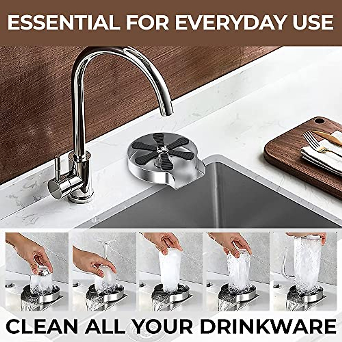 Glass Rinser for Kitchen Sink with Cleaning Brush | Stainless Steel Bottle Washer | Faucet Cup Washer Sink Attachment Accessory for Bar Sink