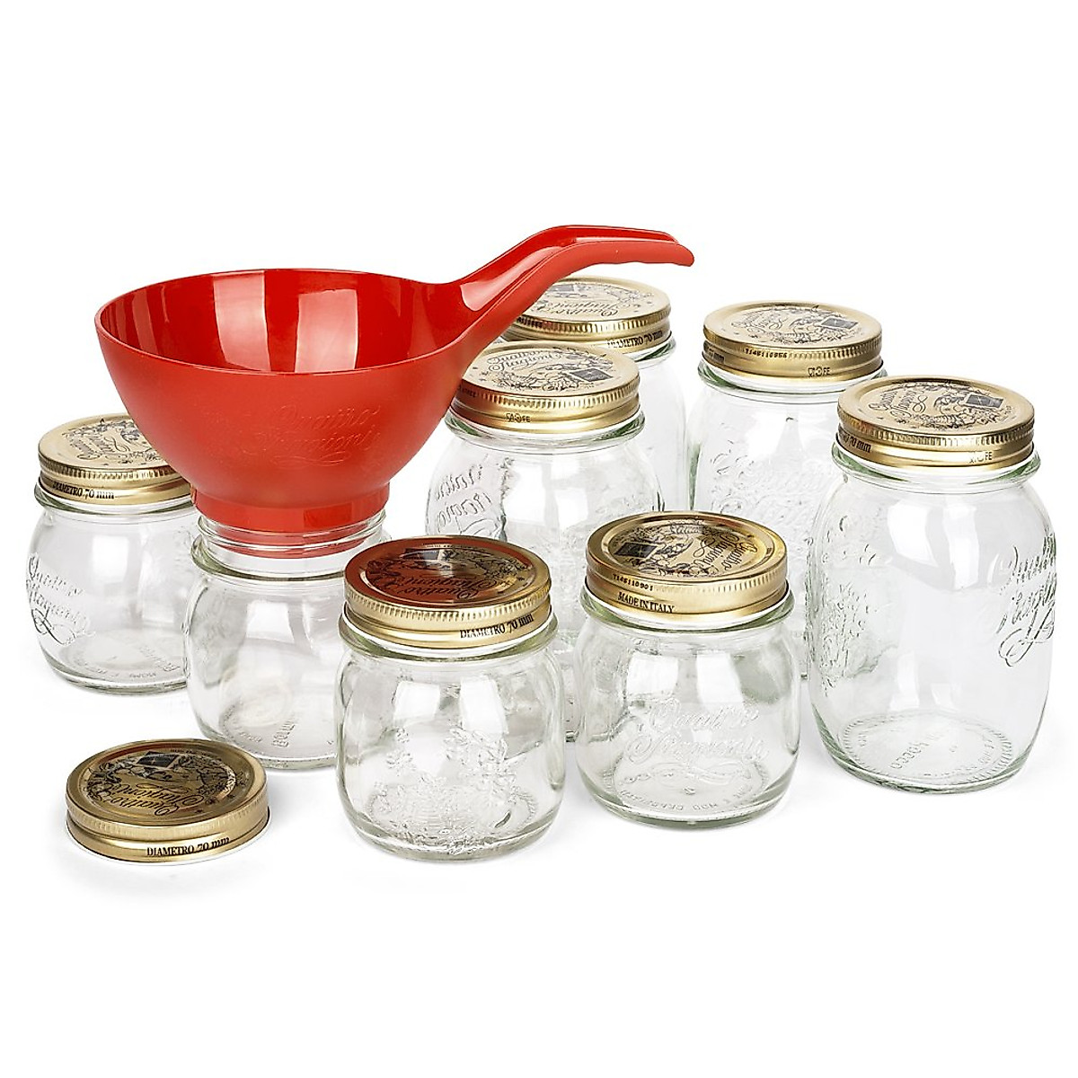 Bormioli Rocco Quattro Stagioni 18-Piece Canning Starter Set (4) 8.5 and (4) 17-Ounce Jars (8) Caps, Funnel, Recipe Book