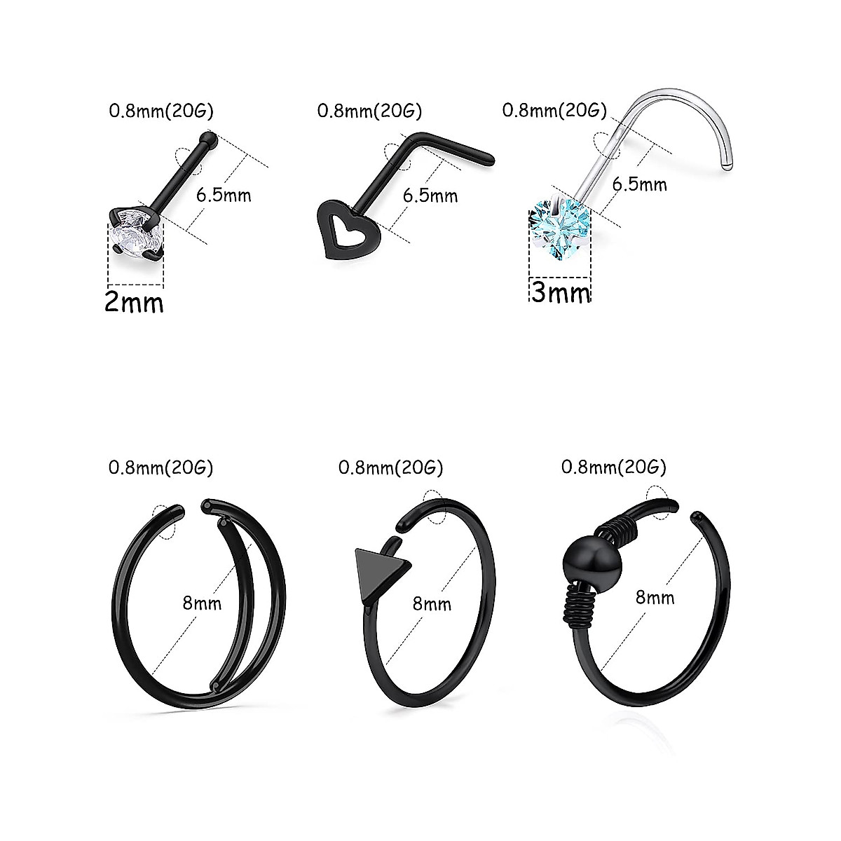 Tkzndnm 20g 20 Gauge Black Nose Rings Studs Hoops Piercings Para La Nariz Jewelry for Women Hypoallergenic Surgical Stainless Silver Steel Straight Pin Corkscrew Screw l Shaped Shape Bars